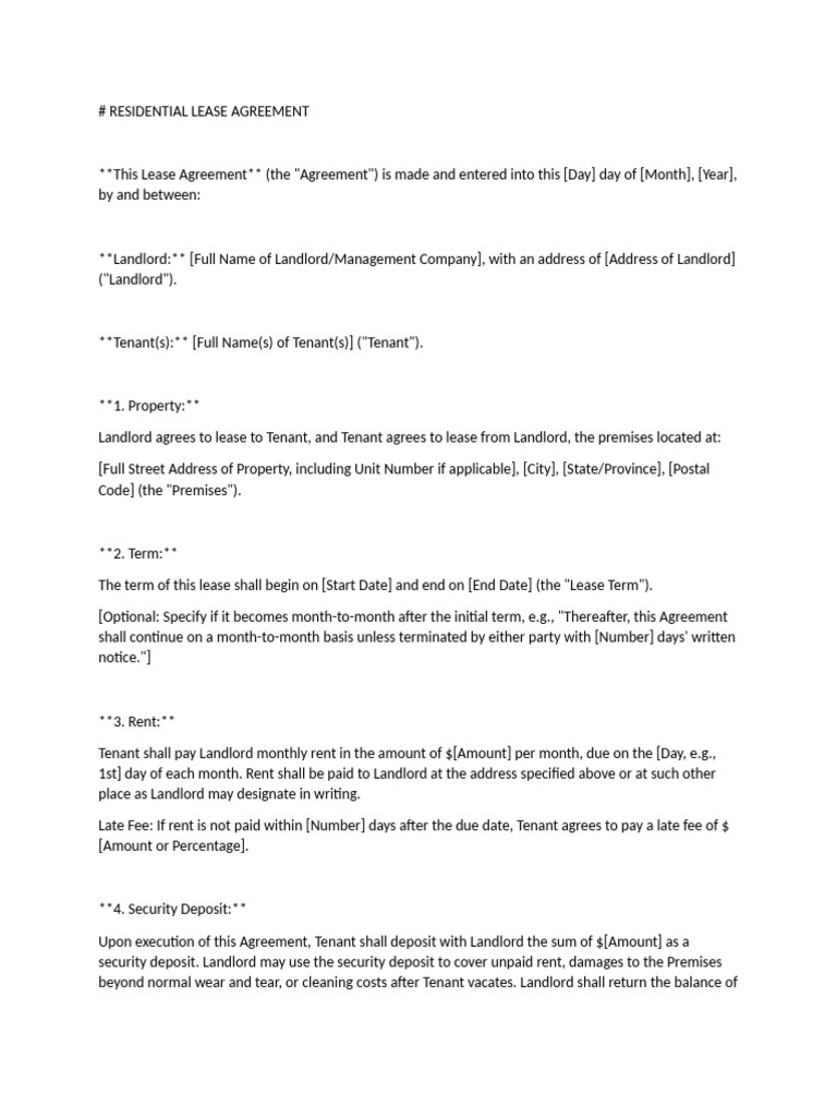 RESIDENTIAL LEASE AGREEMENT Template | PDF | Lease | Landlord