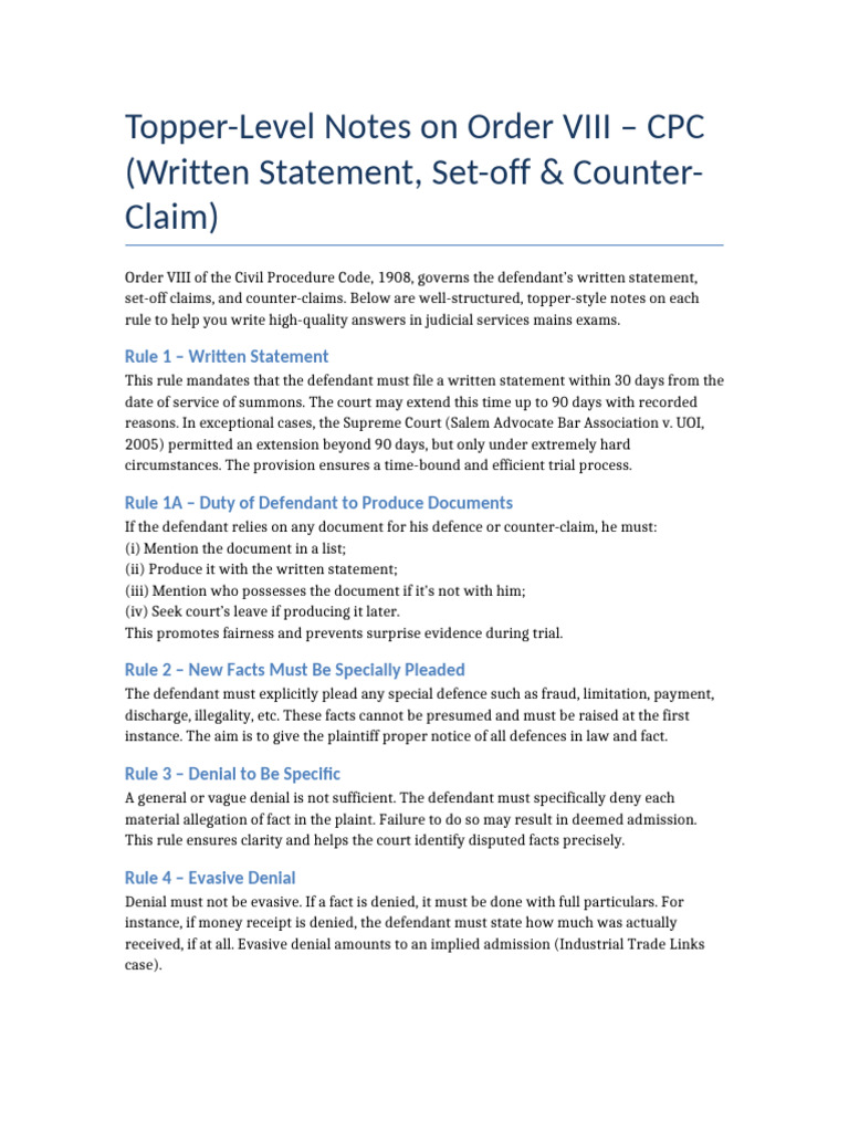 Order VIII CPC: Written Statements & Counterclaims | PDF | Lawsuit ...