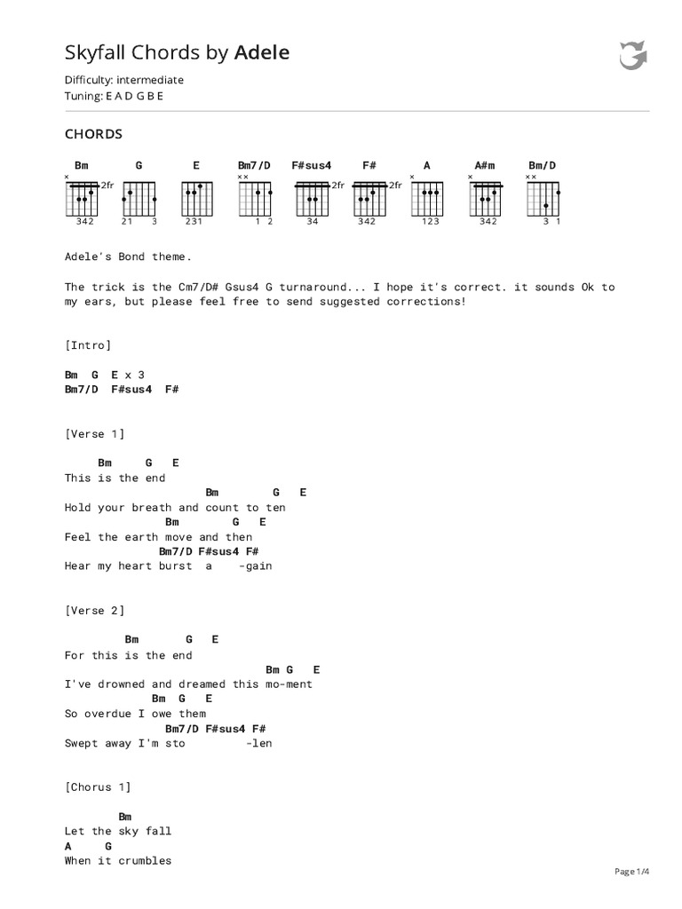 Skyfall Chords for Piano and Guitar | PDF | Song Structure | Songs
