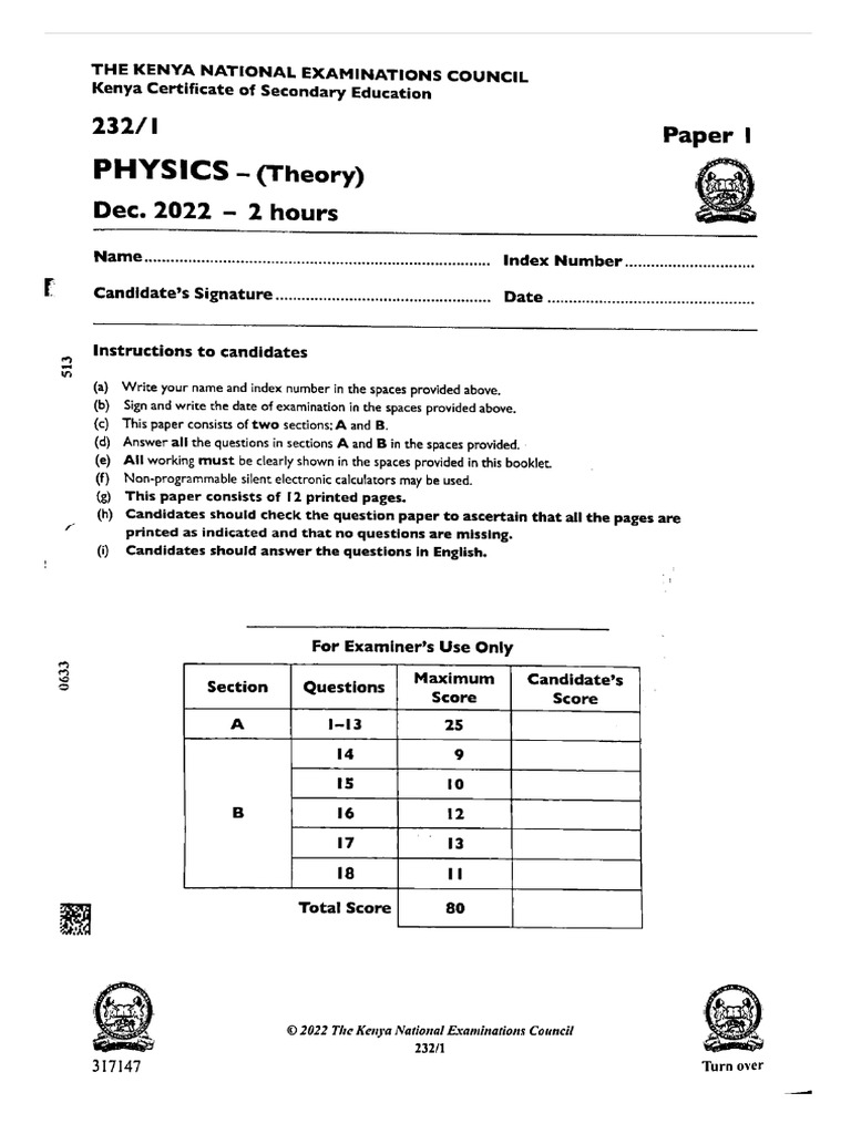 Paper 1 Question Paper KCSE 2022 | PDF