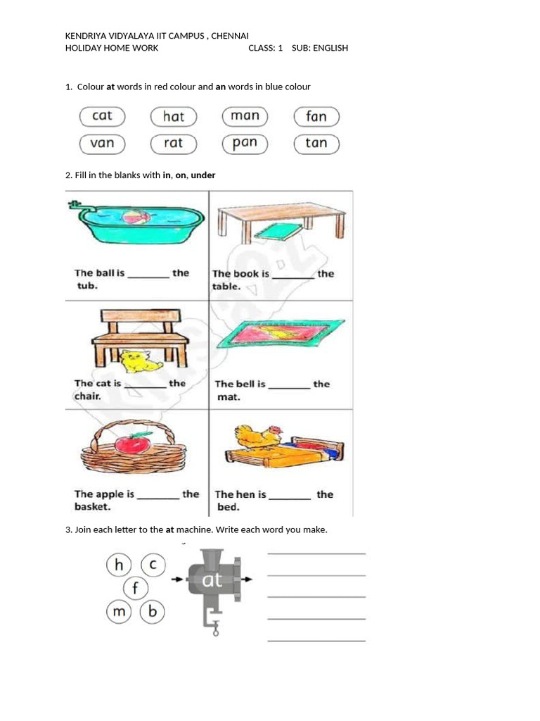 Class 1 English Holiday Homework | PDF