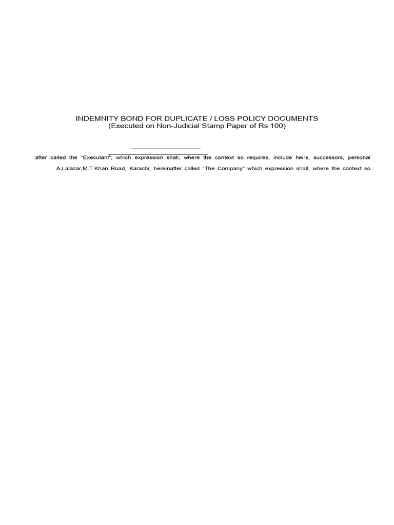 Indemnity Bond For Duplicate & Loss Policy Documents | PDF | Indemnity | Private Law