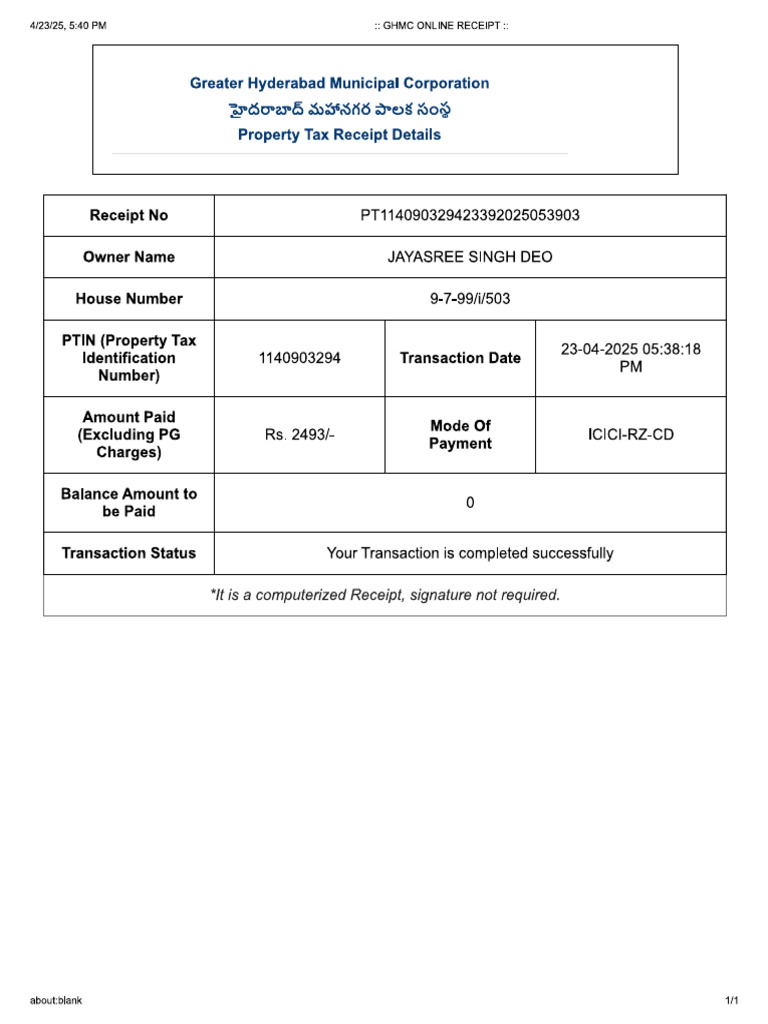503 GHMC Receipt | PDF