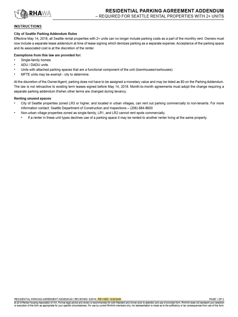Form Residential Parking Agreement Addendum | PDF | Lease | Renting