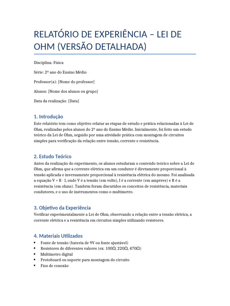 Experiência Prática da Lei de Ohm | PDF | Resistor | Eletricidade