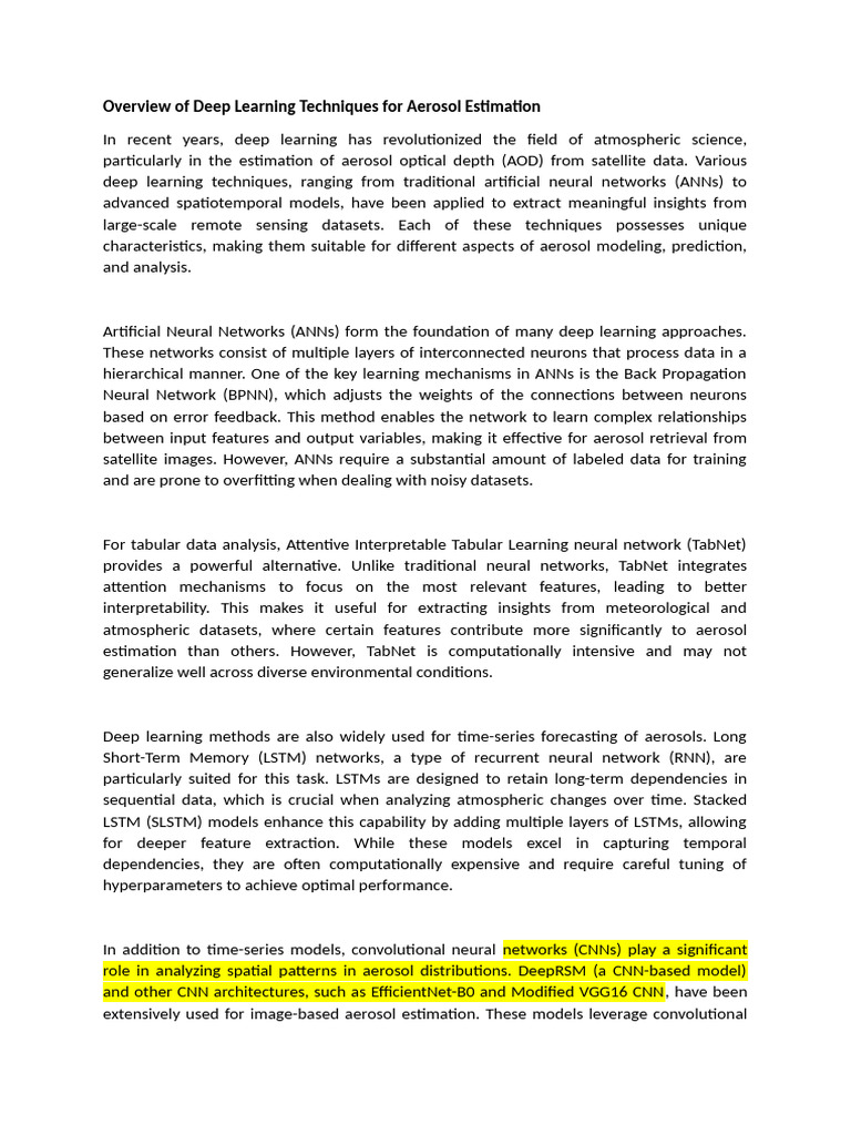 Overview of Deep Learning Techniques For Aerosol Estimation Summary ...