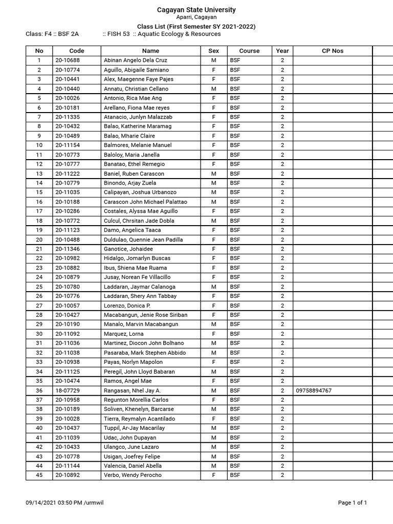 Aquatic Ecology Class List | PDF