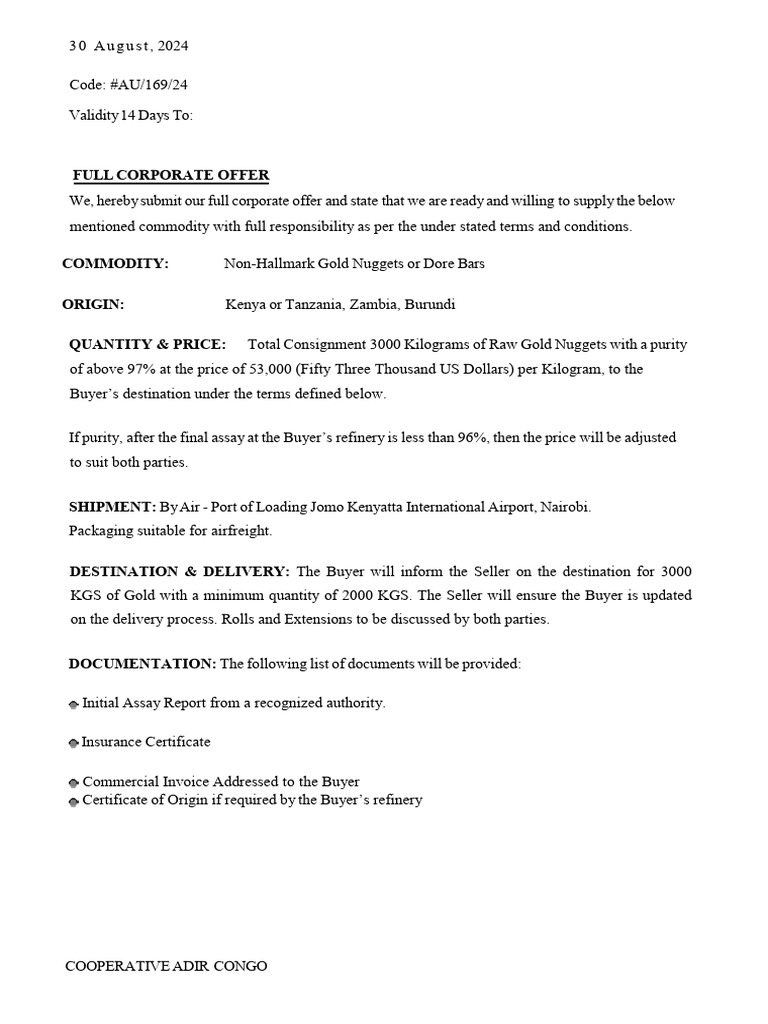 Full Corporate Offer for Gold Supply | PDF | Sales | Procurement