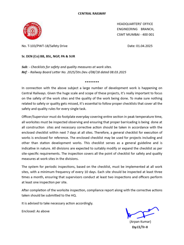 Checklist For Safety and Quality Measure at Worksite.. | PDF