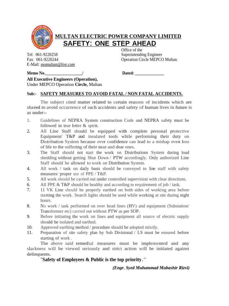 Safety measures letters to all XENs | PDF | Safety | Occupational ...