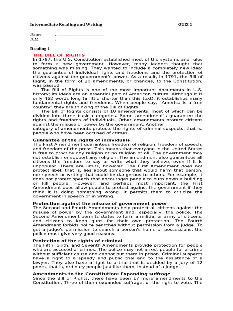 Understanding the Bill of Rights Quiz | PDF | United States Bill Of ...