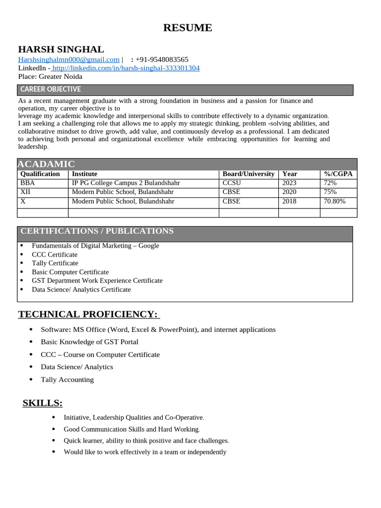 HARSH SINGHAL Resume.01 | PDF | Learning | Cognition