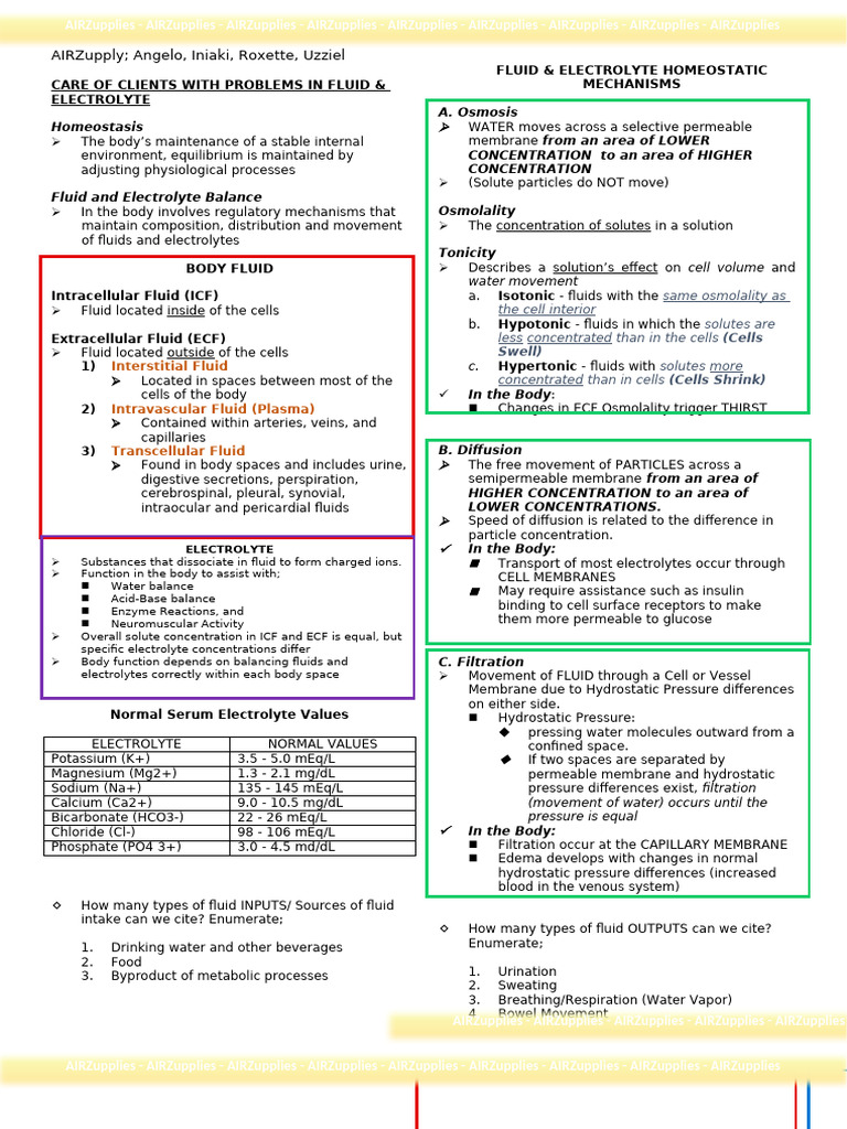 AIRZupply - MS Midterms - CARE OF CLIENTS WITH PROBLEMS IN FLUID and ELECTROLYTE BALANCE | PDF ...