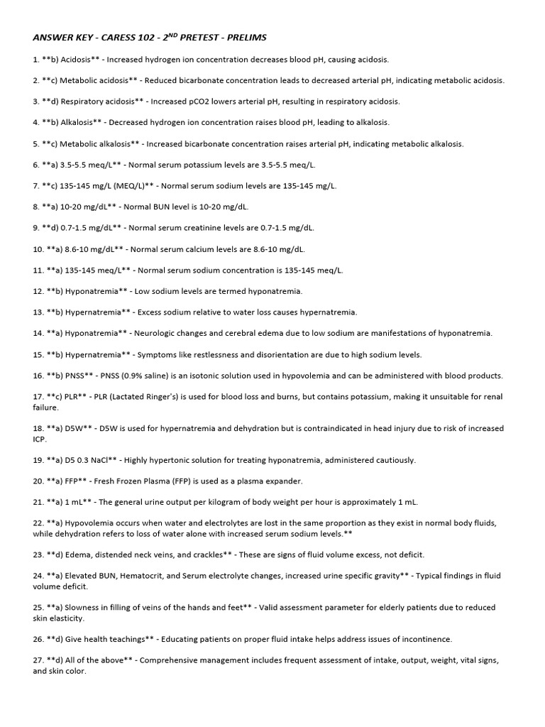 Fluid and Electrolyte Pretest Answers | PDF | Medical Specialties
