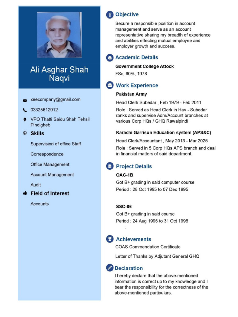 Record of SVC Pjo-119856 Sub CLK Ali Asghar Shah Naqvi (Ret) - 1 | PDF