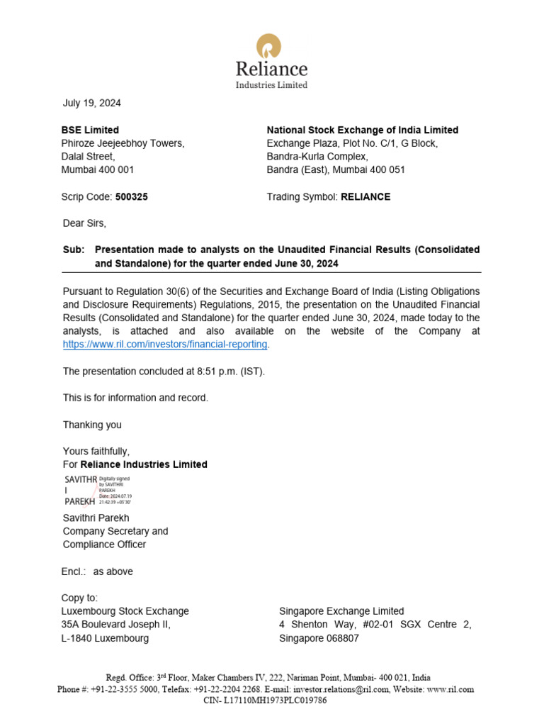 Reliance Industries Presentation - July 24 | PDF | Liquefied Natural ...