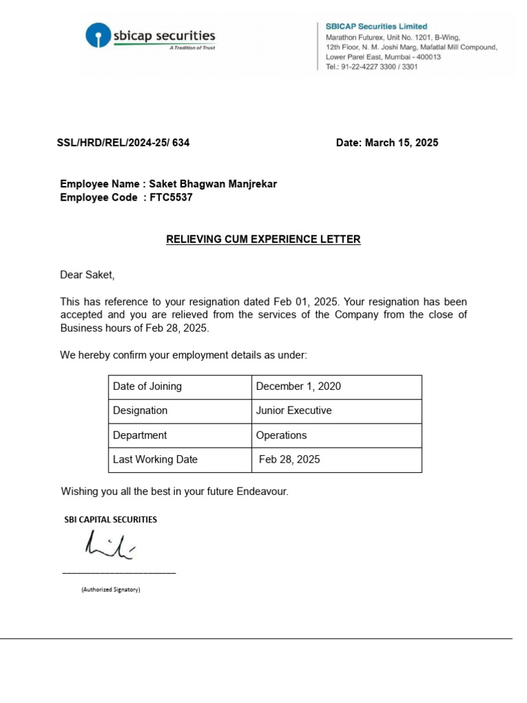 Sbi Cap Relieving Letter | PDF