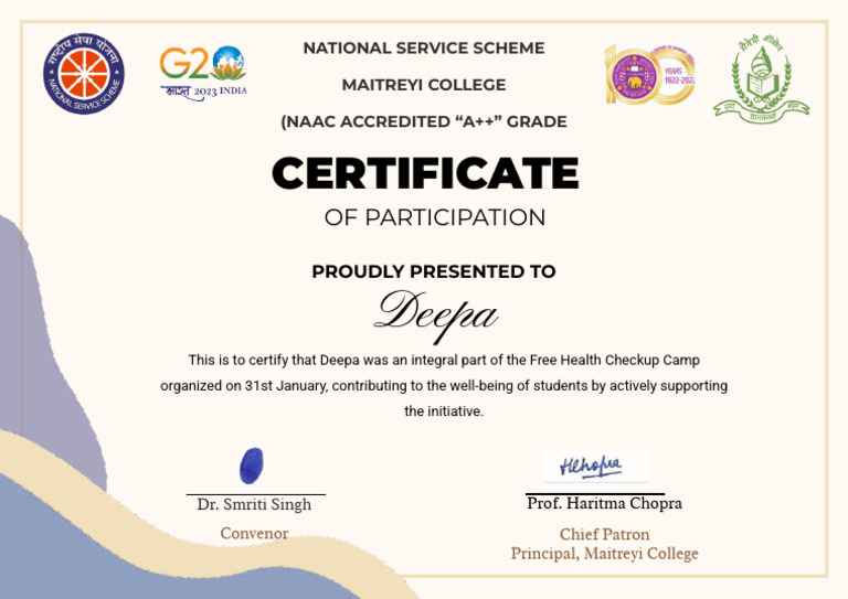 Deepa Health Checkup Camp Certificate | PDF