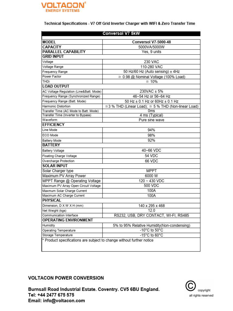 Conversol V7 Specification Table | PDF | Power Inverter | Power (Physics)