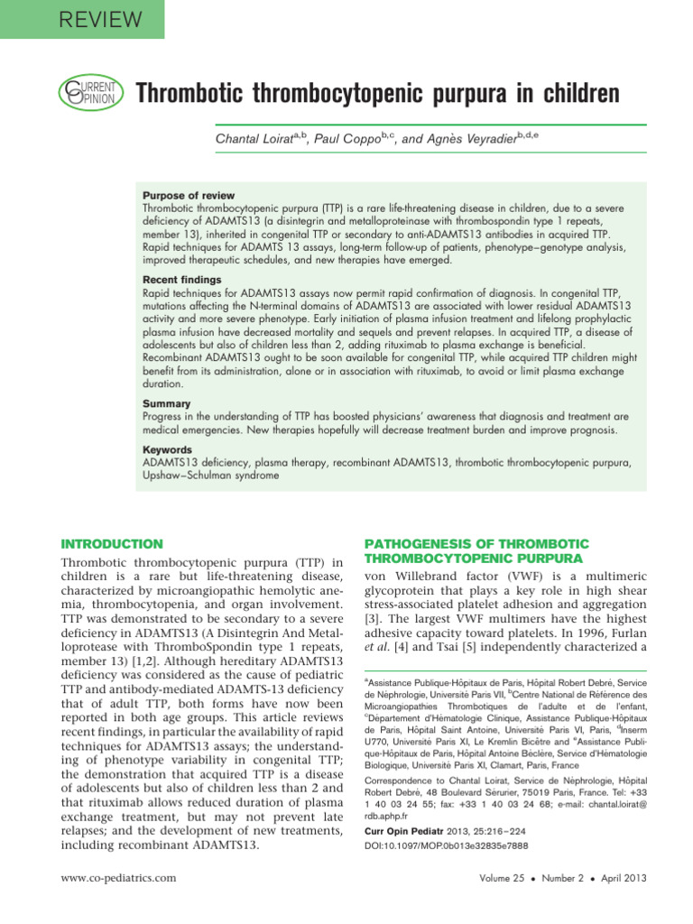 Thrombotic Thrombocytopenic Purpura in Children | PDF | Diseases And ...