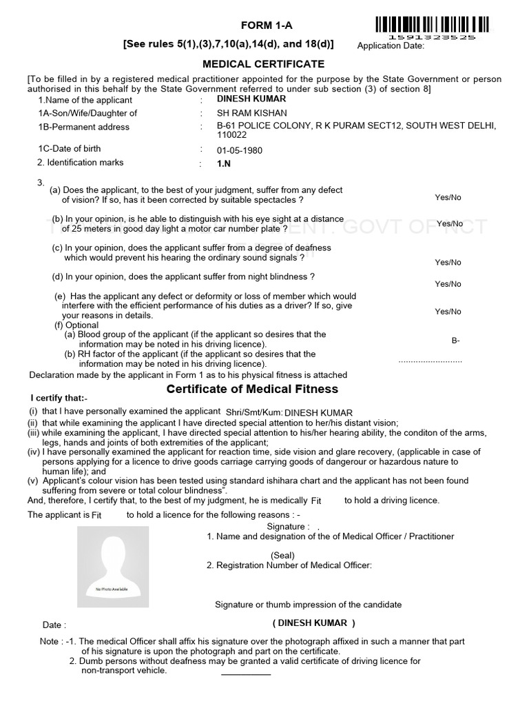 Transport Department. Govt of NCT of Delhi: Form 1-A (See Rules 5 (1 ...