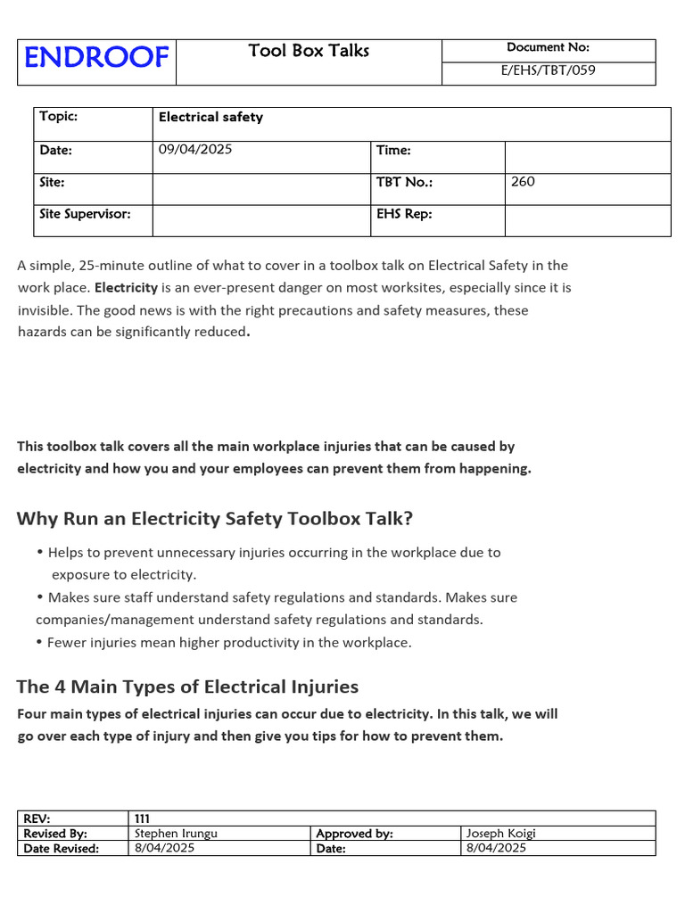 Electrical Safety Toolbox Talk Guide Pdf Occupational Safety And