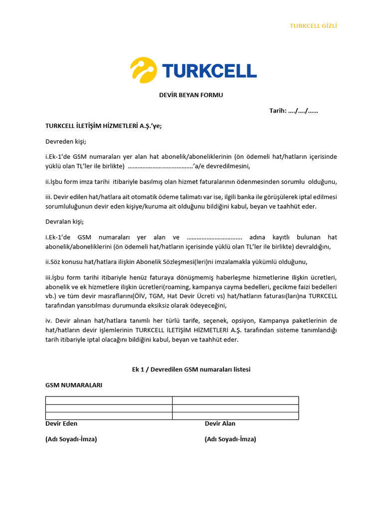 Turkcell Hat Devir Beyan Formu | PDF