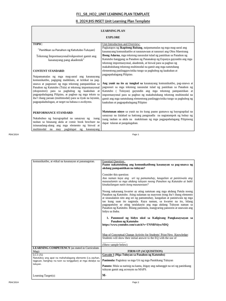 Fil - s8 - t1 - Unit Learning Plan Template | PDF