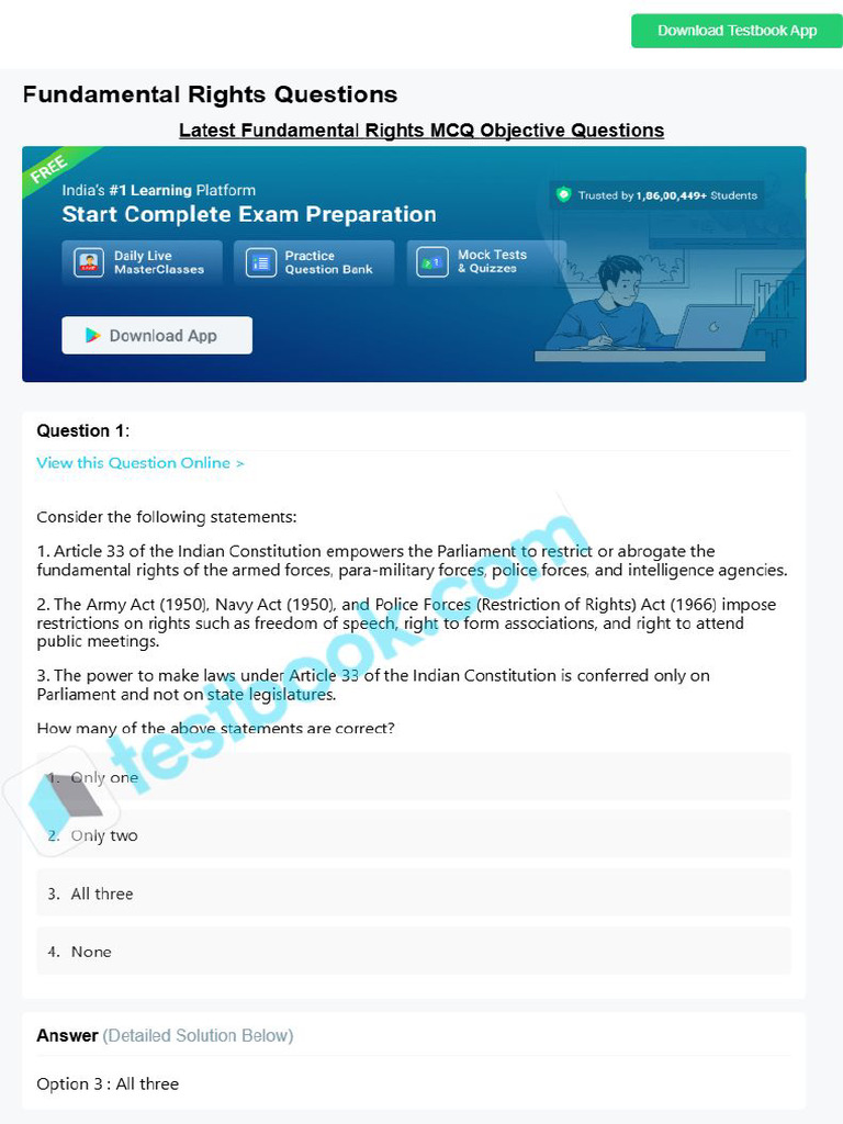 MCQ On Fundamental Rights 5eea6a1239140f30f369ecc5 | PDF