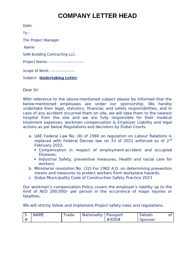 Undertaking Letter For Subcontractors | PDF | Employment | Workers ...