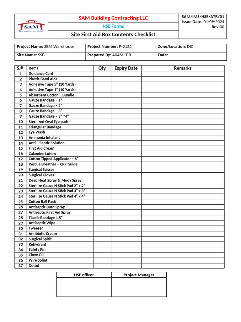 Project Site First Aid Box Contents Checklist | PDF