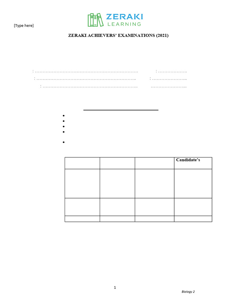 Biology - Biology Form 3 Paper 2 - Zeraki Achievers 3.0 - Question Paper | PDF | Biology