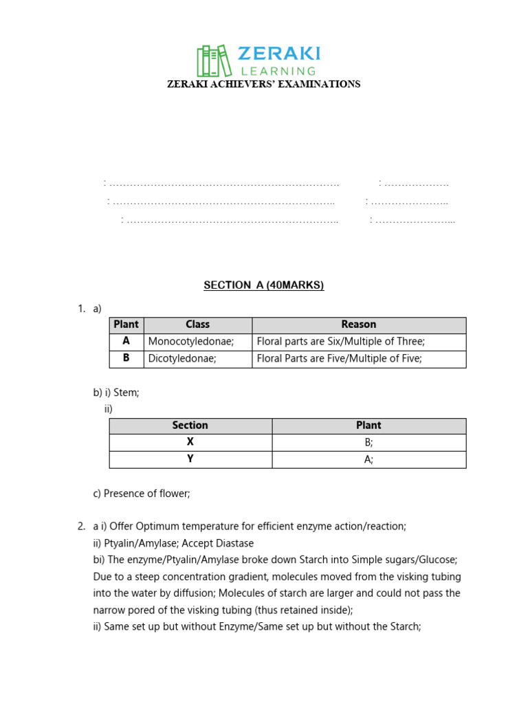 Biology - Biology Form 3 Paper 2 - Zeraki Achievers 5.0 - Marking Scheme | PDF | Kidney | Gill
