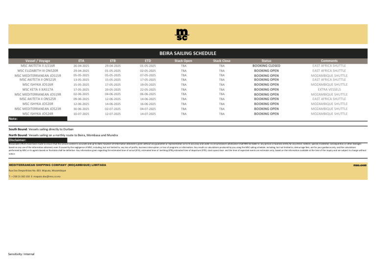 MSC Beira Sailing Schedule 22-04-2025 | PDF | Ships | Water Transport