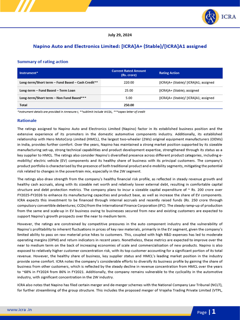 Napino Auto & Electronics Ltd Ratings Update | PDF