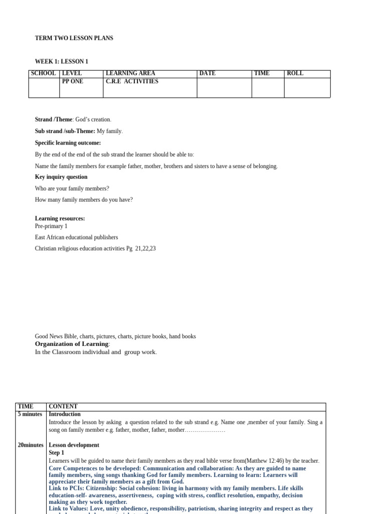 2021 Pre Primary 1 Cre Lesson Plans Term 2-31-21 Mar 11-36-24 | PDF ...