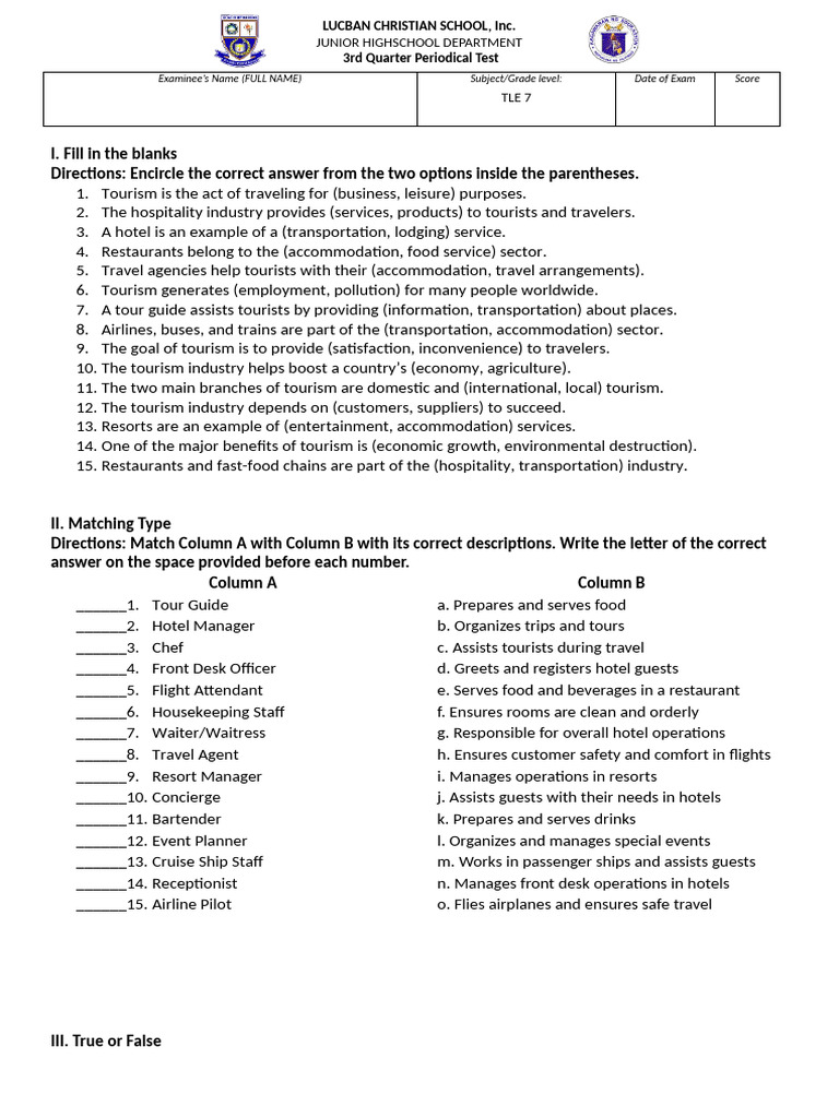 Q3 Science Periodical Score Key | PDF | Tourism | Food Safety