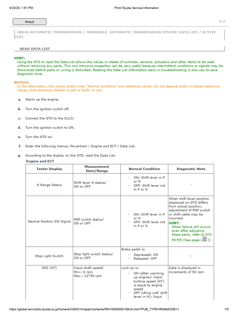 AB60E Transmission Data List Guide | PDF | Automatic Transmission ...