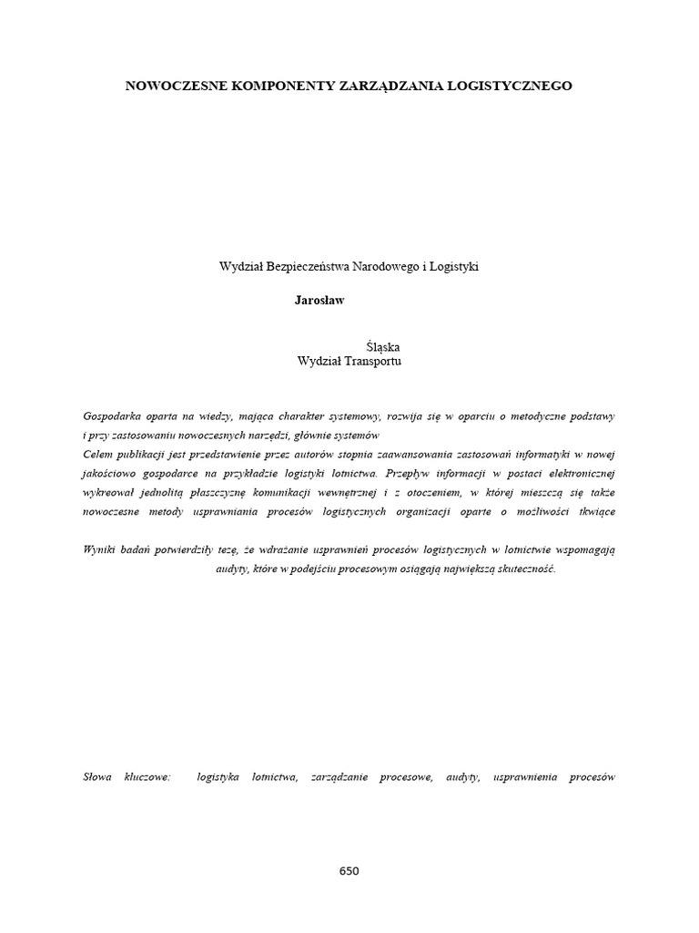 Nowoczesne Komponenty Zarz Dzania Logistycznego W Transporcie Lotniczym | PDF