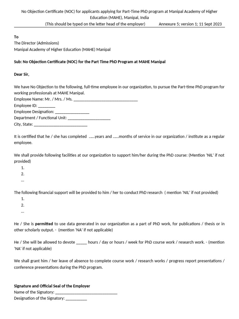 Annexure 5-NOC - Parttime - PHD - Template | PDF