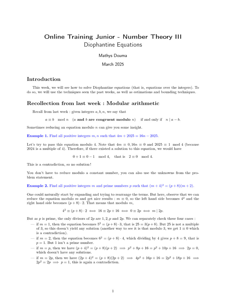 Diophantine Equations in Number Theory | PDF | Algebra | Elementary Mathematics