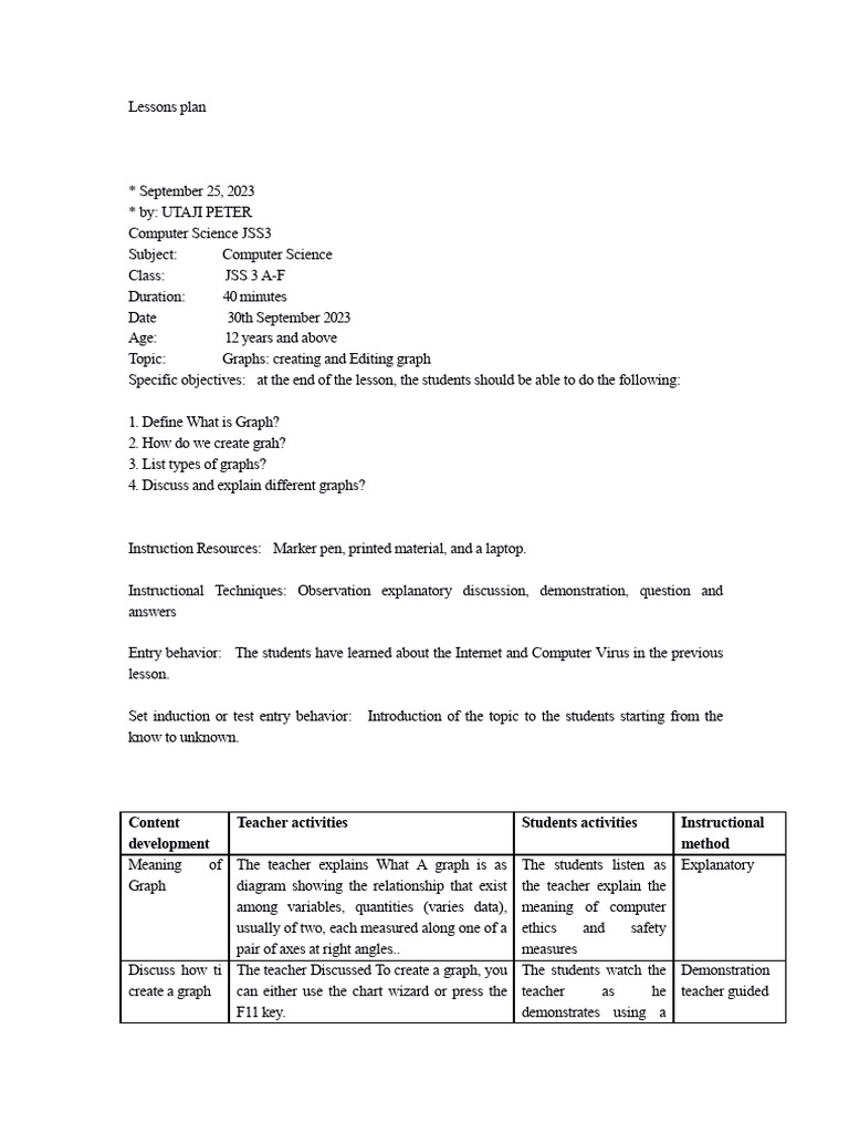 JSS 3 Lesson Plan: Graphs Overview | PDF | Pie Chart | Chart