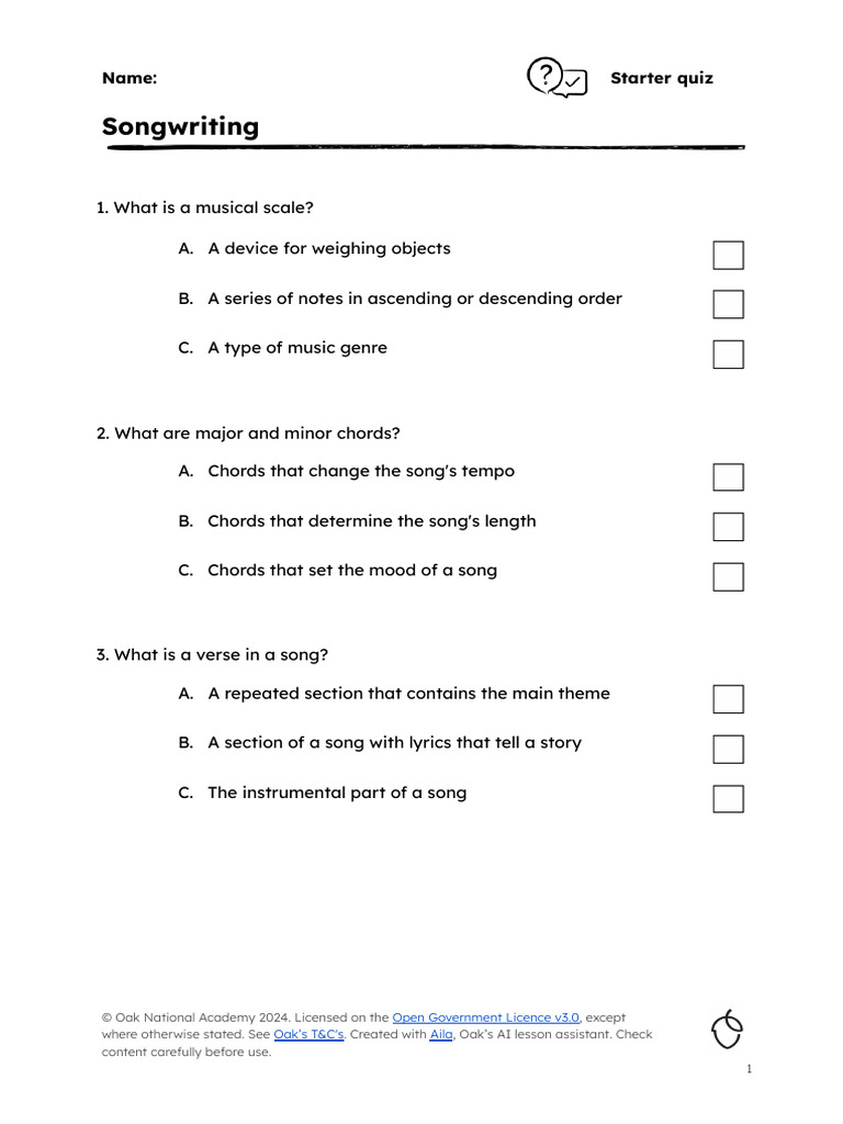 Songwriting: Name: Starter Quiz | PDF