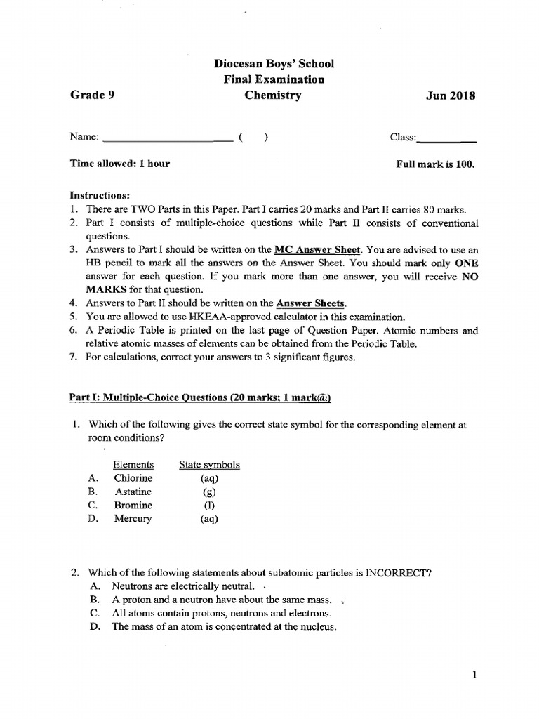 17 18 G9 Chem Final Exam Pdf
