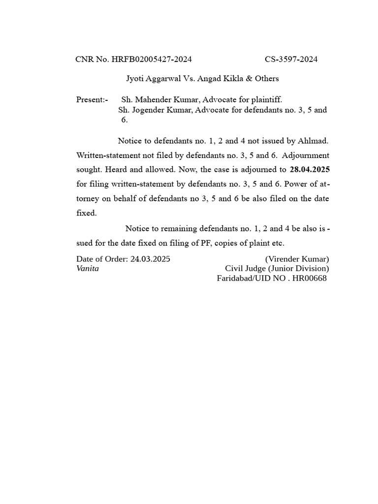 Case Adjournment Notice: Jyoti Aggarwal vs. Angad Kikla | PDF