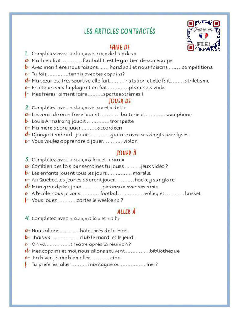 Les Articles Contractés Et Les Loisirs | PDF