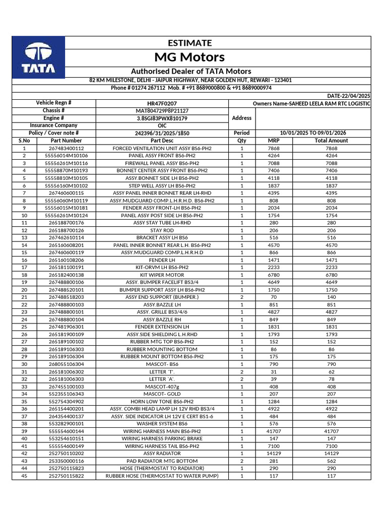 Estimate Hr47f0207 | PDF | Motor Vehicle | Vehicles