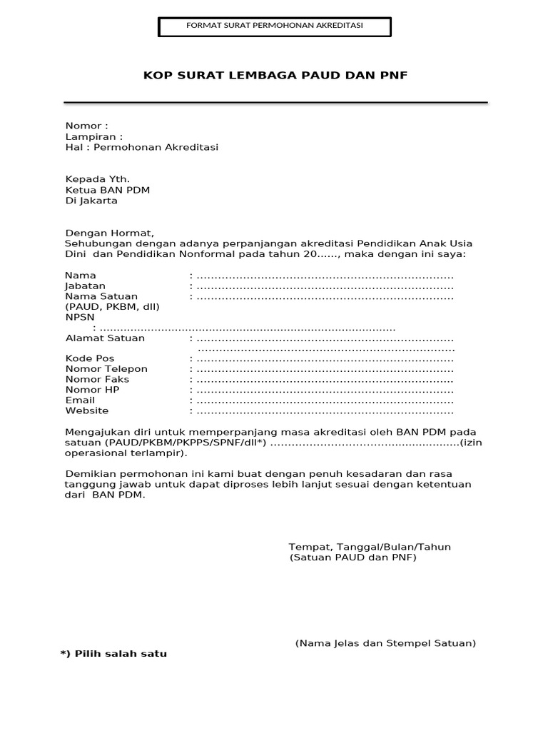 Format Surat Permohonan Pengajuan Akreditasi Paud PKBM | PDF