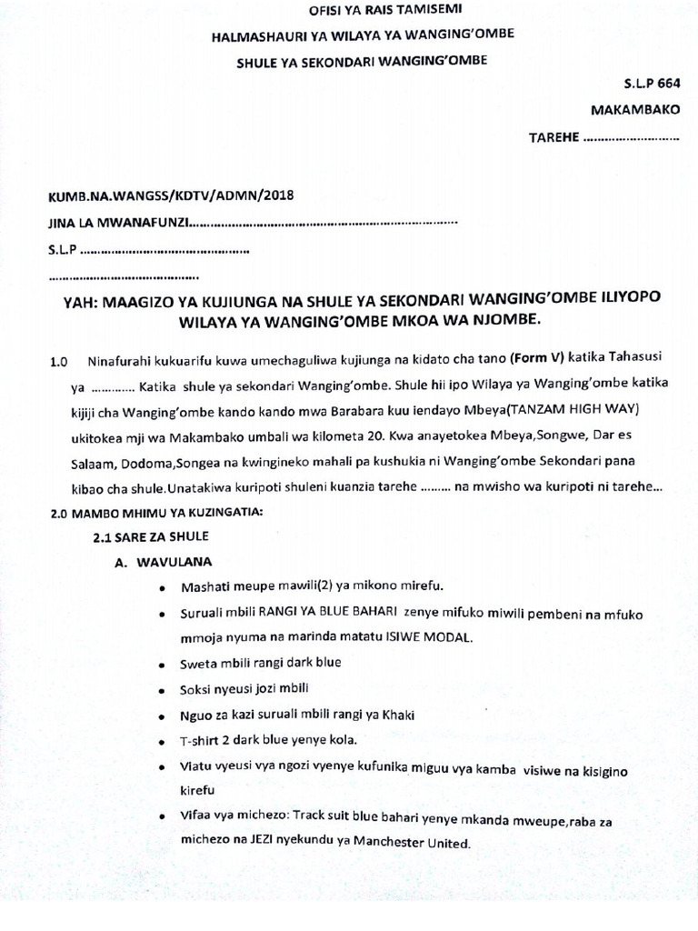 Wangingombe Joining Instruction | PDF