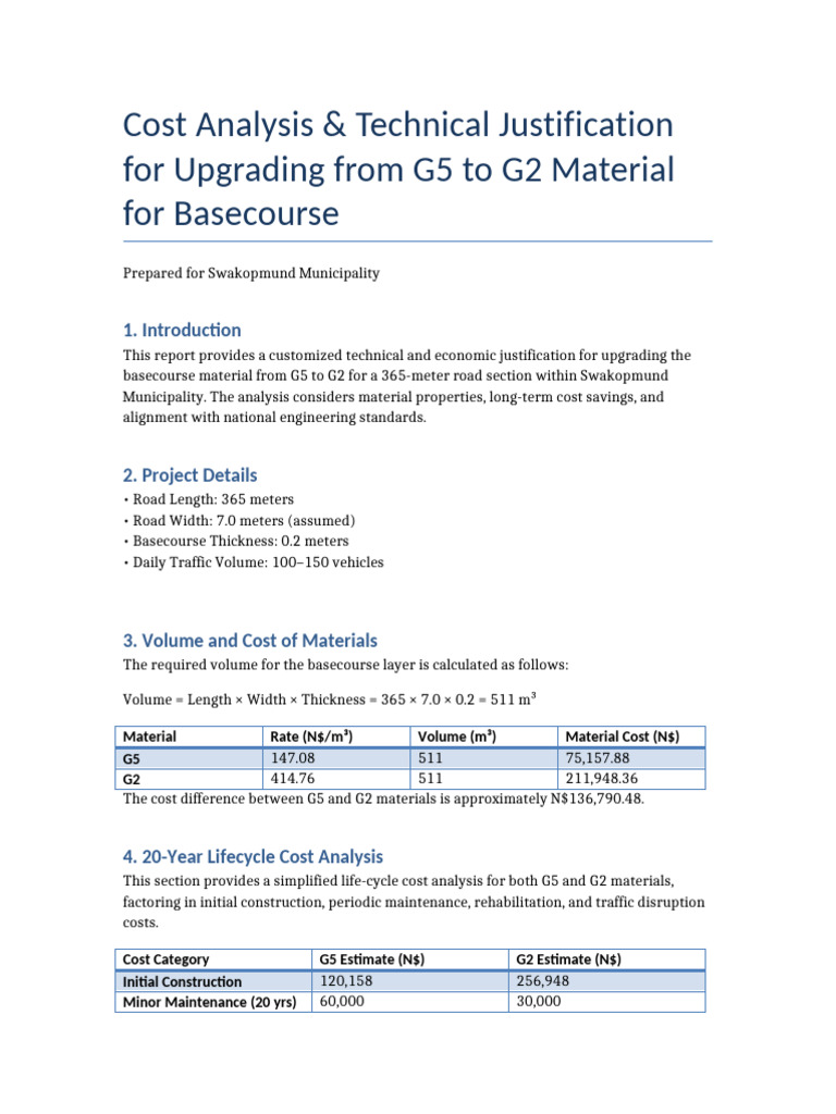 Swakopmund G5 Vs G2 Cost Analysis Report With Charts | PDF